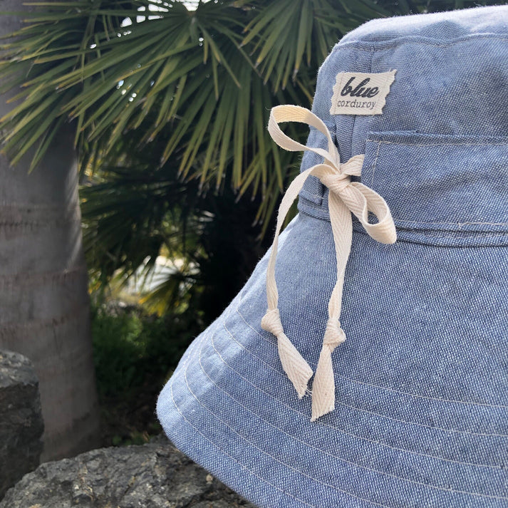 Linen Wide Brim Sun Hat with Tie - Sky Blue – Blue Corduroy